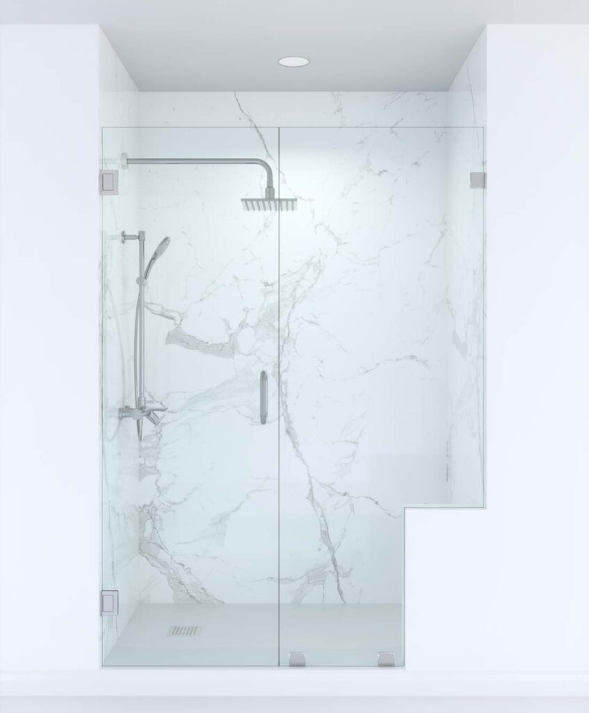 Heavy Glass Single Swing Door with Inline Knee Wall Panel | Splendor Glass